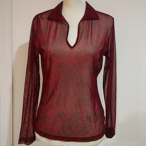 Tops | Red Black Floral Mesh Top | Poshmark
